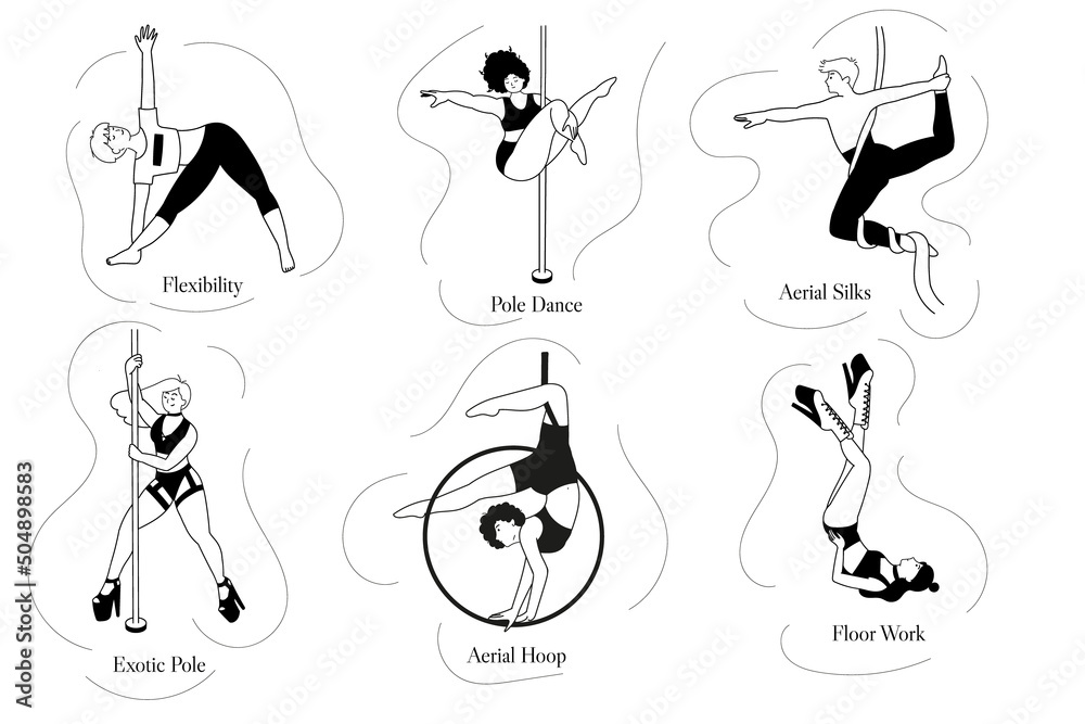 Set of various acrobatic and dance styles. Pole dance, aerial silks and ...