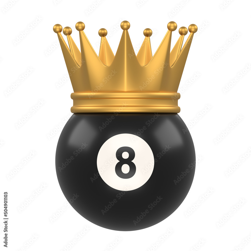 Billiard ball number eight black color wearing a gold crown isolated on ...