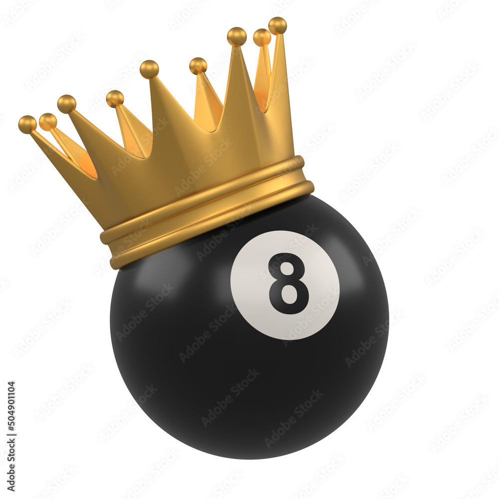 Billiard ball number eight black color wearing a gold crown isolated on ...