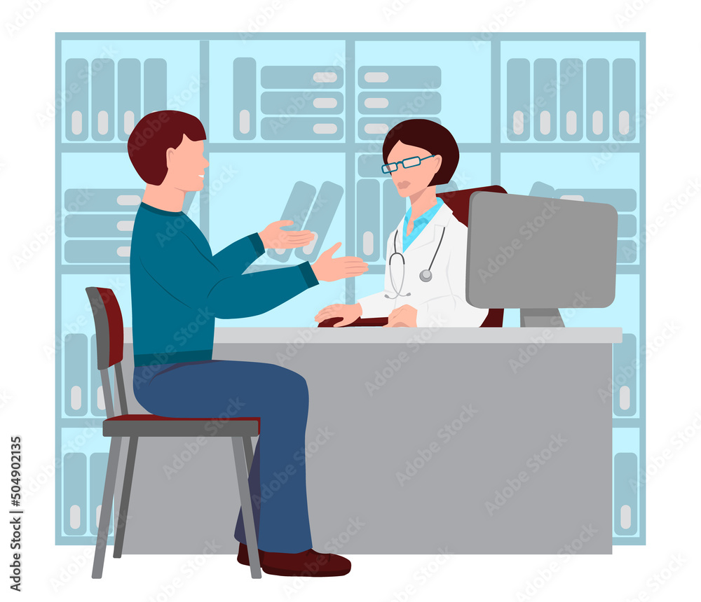 Female doctor is sitting at a table. Man is sitting on a chair. Guy at ...
