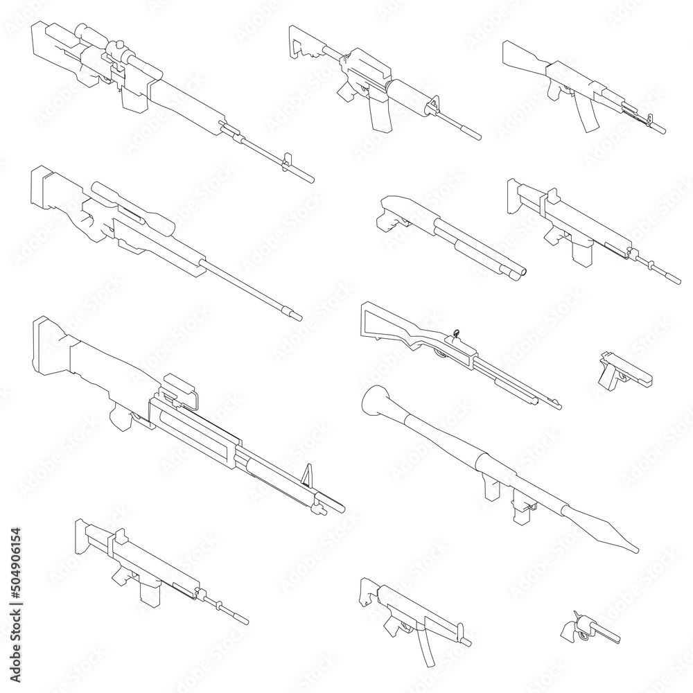Set with contours of various weapons from black lines isolated on a ...