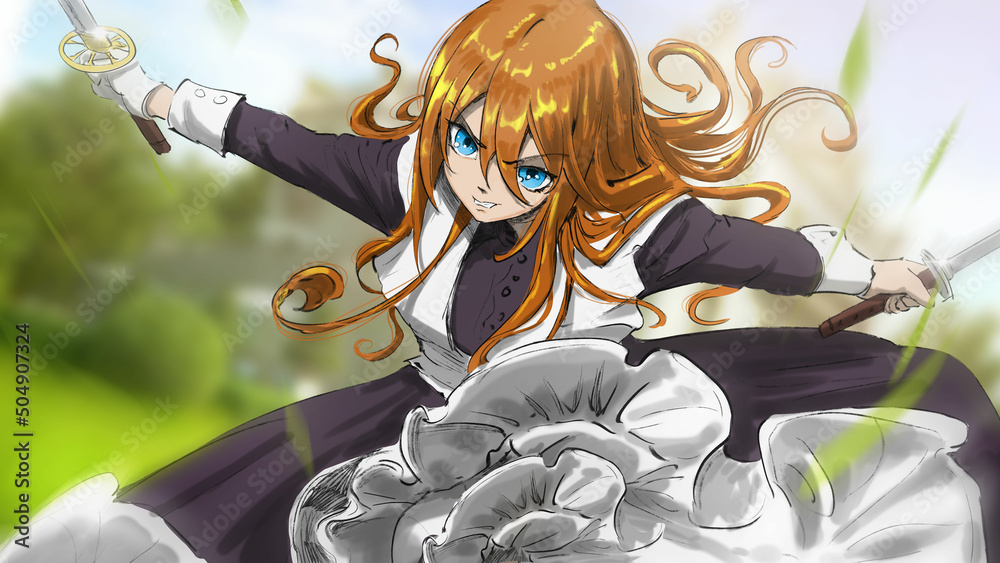 A sweet and ominously adventurous red-haired maid with blue eyes in a ...