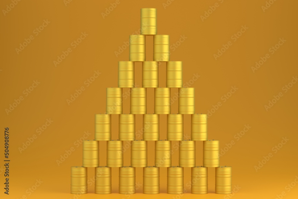 Metal gold barrels for industrial oil. Pyramid of iron barrels ...