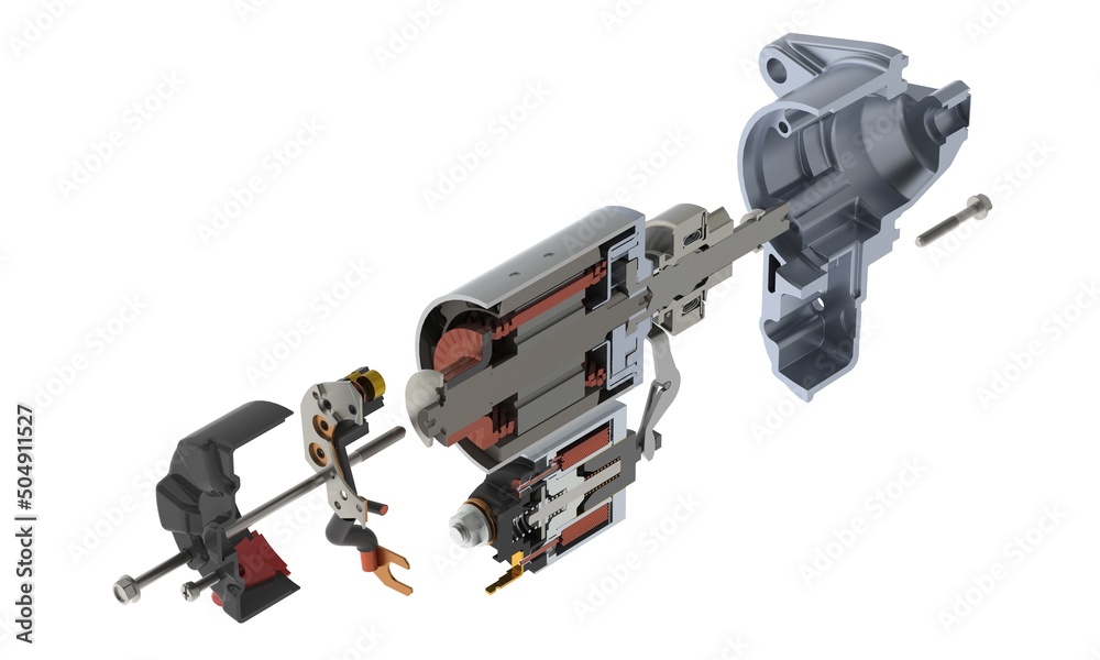 Car starter components, exploded parts in section view, 3D rendering ...