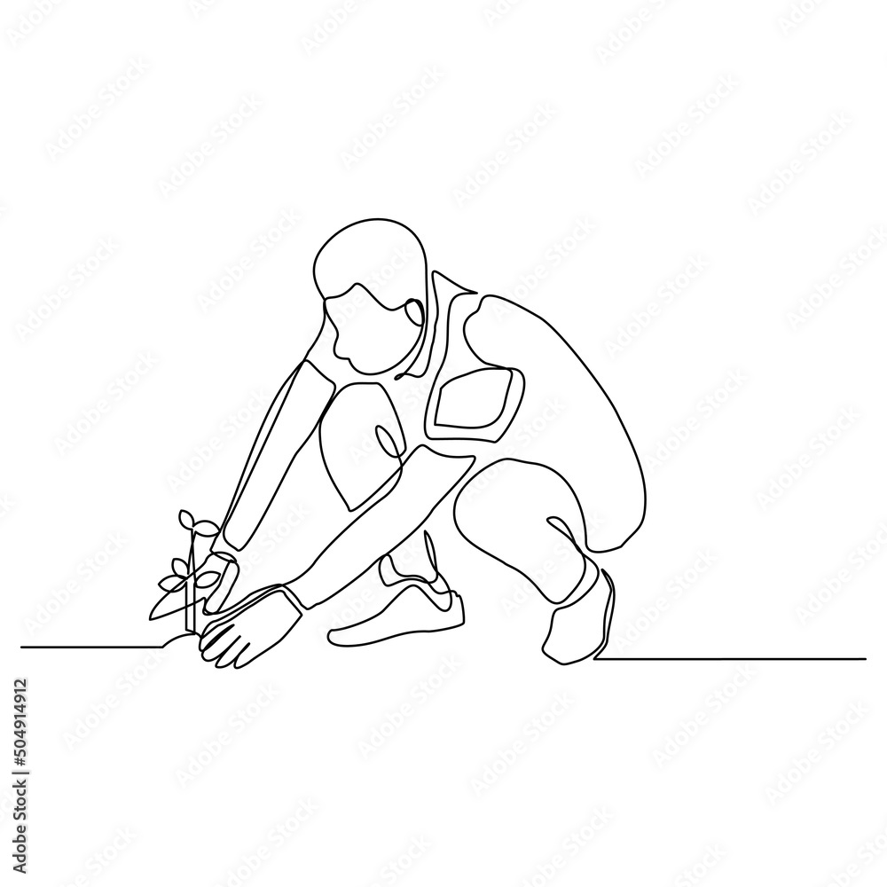 Continuous single one line art drawing of man people planting and ...