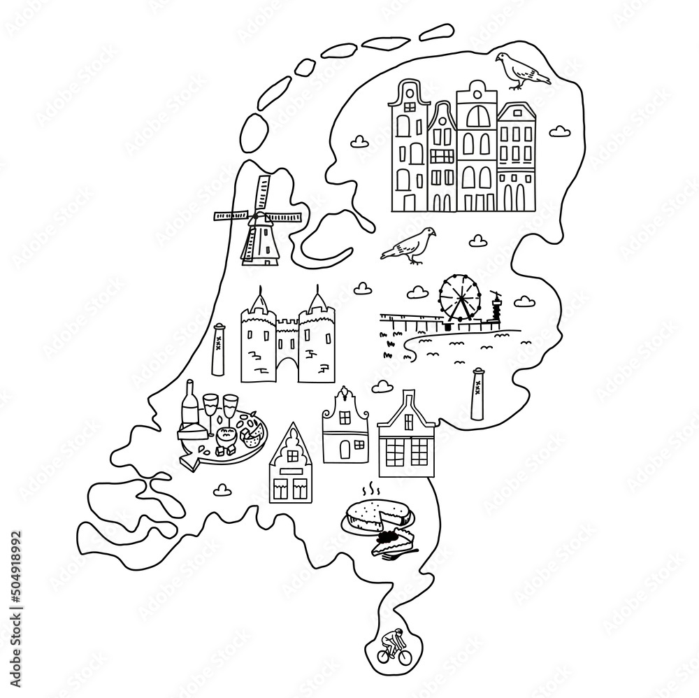 Doodle illustrated map of Netherlands. Travel illustration with holland ...