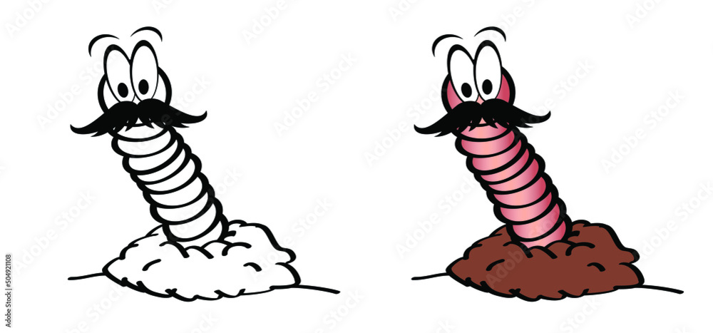 Cartoon happy worm with moustache or beard in the ground. crawling worm ...