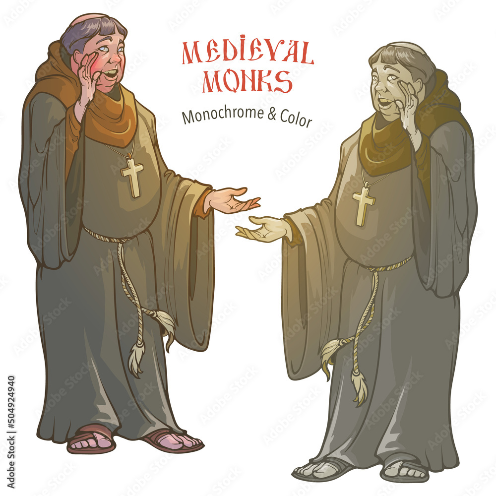 Fat monks talking and gesturing. Medieval gothic style character ...