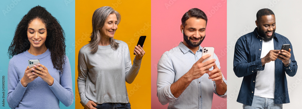 Row collage of photos with diverse people received messages ...