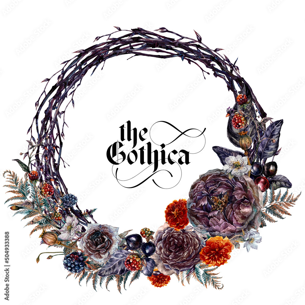 Watercolor Floral Gothic Arrangement Isolated on White Background ...