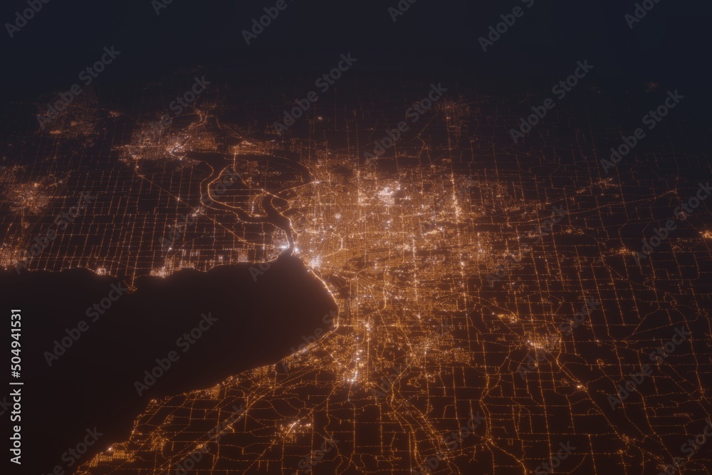 Aerial shot of Buffalo (New York, USA) at night, view from south ...