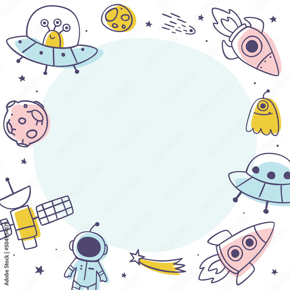 Doodle outline space frame design template for kids banner. Childish ...