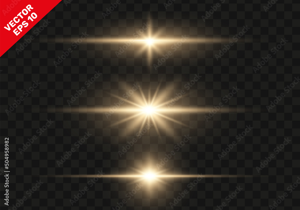 Set of bright gold flashes, lights and sparks on a transparent ...