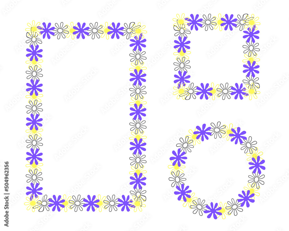 Floral chamomile frame outline set. Hand drawn decorative daisy borders ...