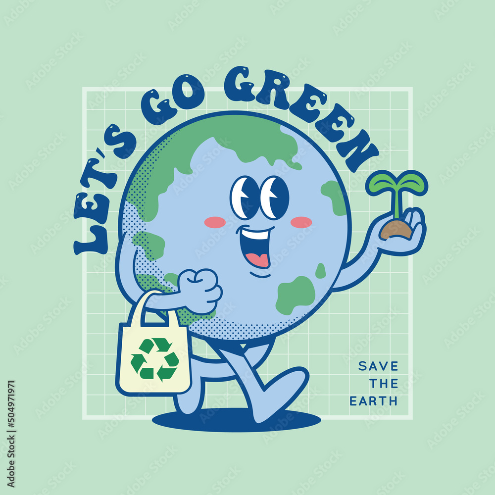 Vintage nostalgia cartoon earth globe holding tree seedling and recycle ...