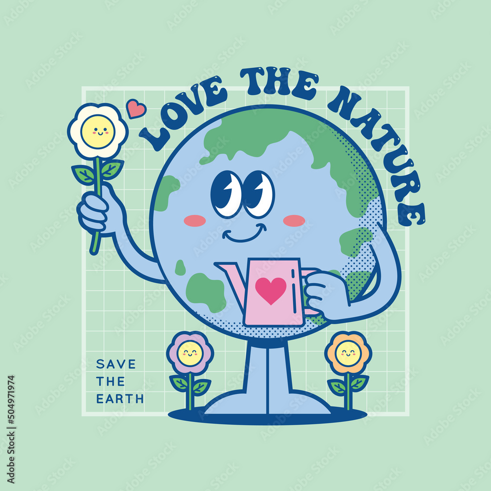 Vintage cartoon earth globe holding watering can with flower plants ...