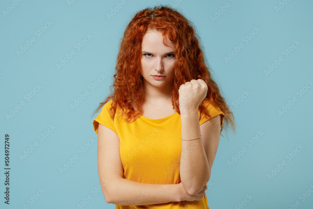 Young angry furious bad sad redhead woman 20s wearing yellow t-shirt ...