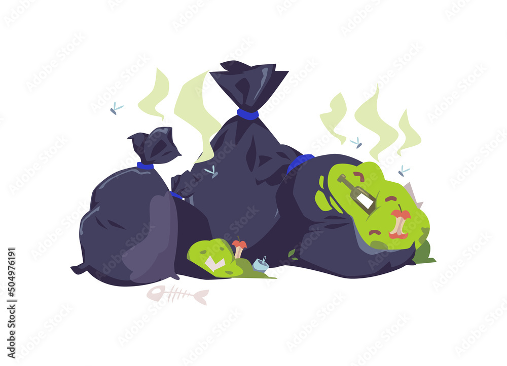 Rotten garbage in torn plastic bags flat vector illustration isolated ...