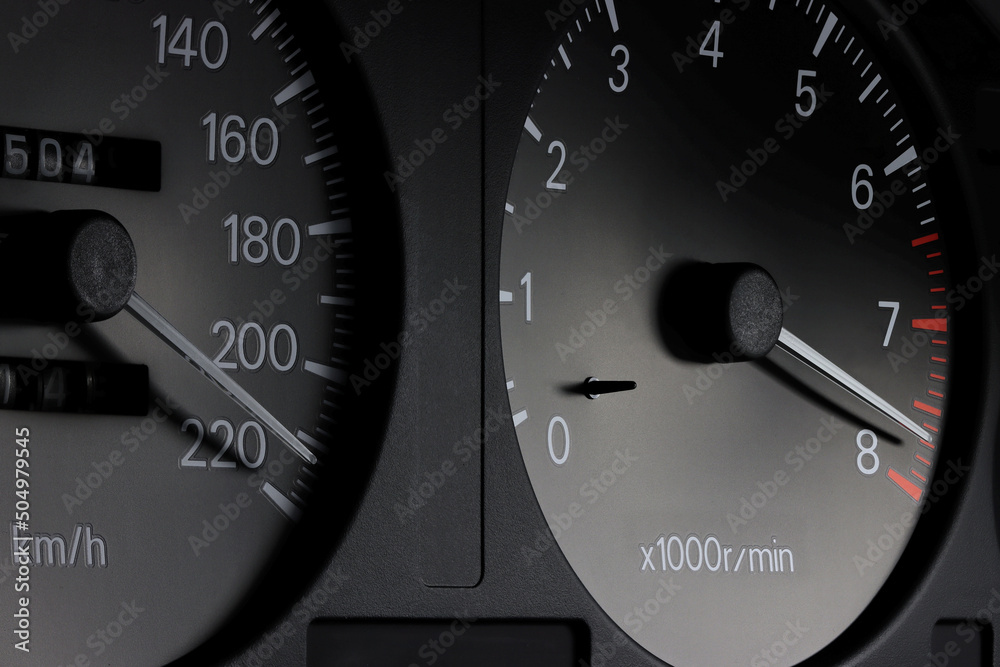 tachometer and speedometer in car dashboard at full power Stock Photo ...