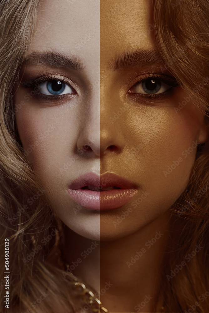 Tan. Close-up face of a young woman with tanned skin before and after ...