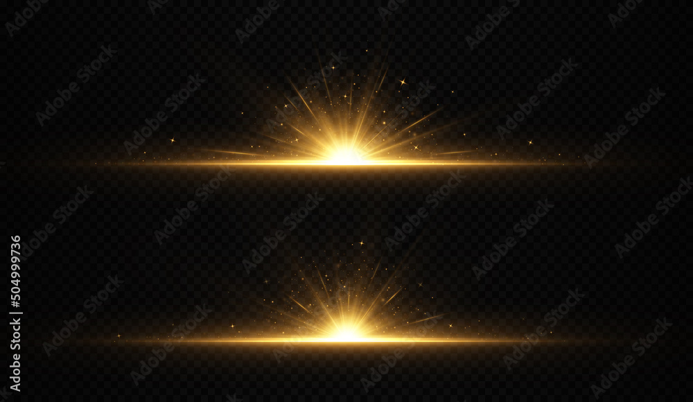 Horizontal burst of exploding stars. Bright light rays. Golden flare ...
