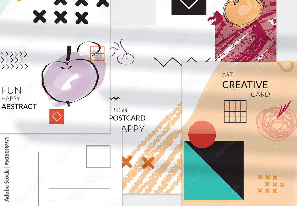 Postcard Layout with Hand Drawn Abstract Floral Doodles and Geometric ...