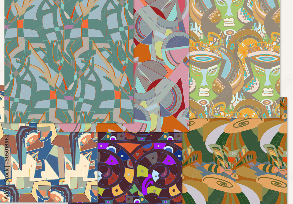 Set of Abstract Seamless Patterns with Cubism Art Elements and Graffiti ...