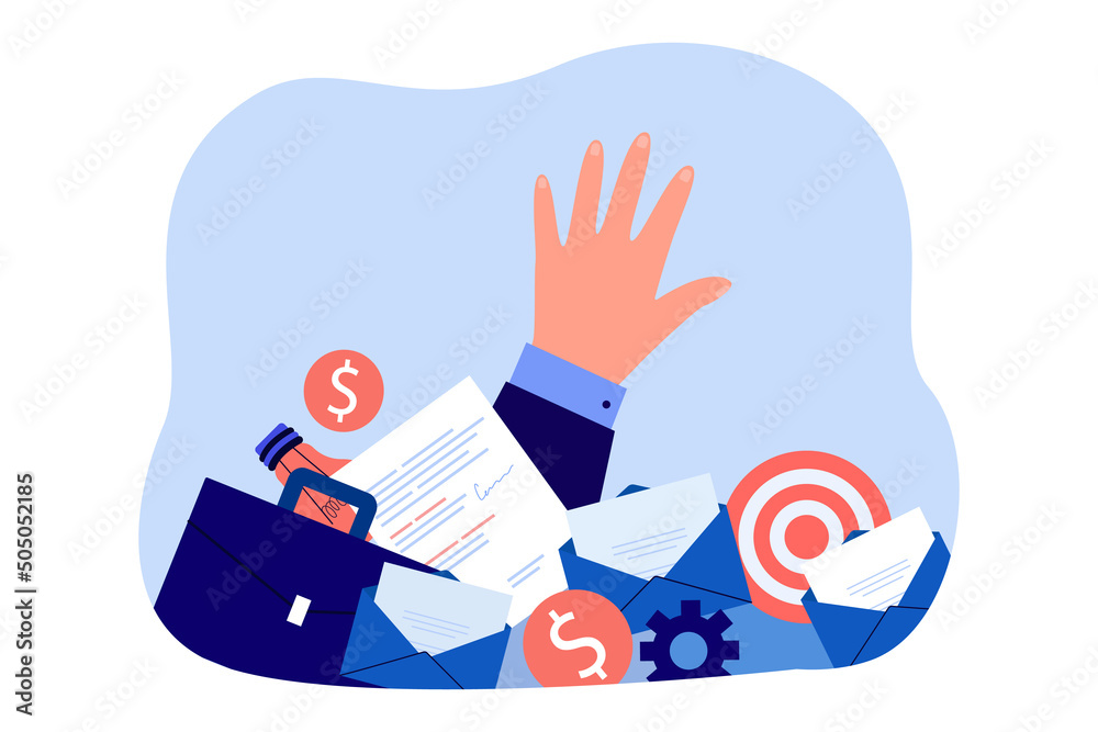 Hand of busy employee coming out of pile of paperwork. Overworked ...