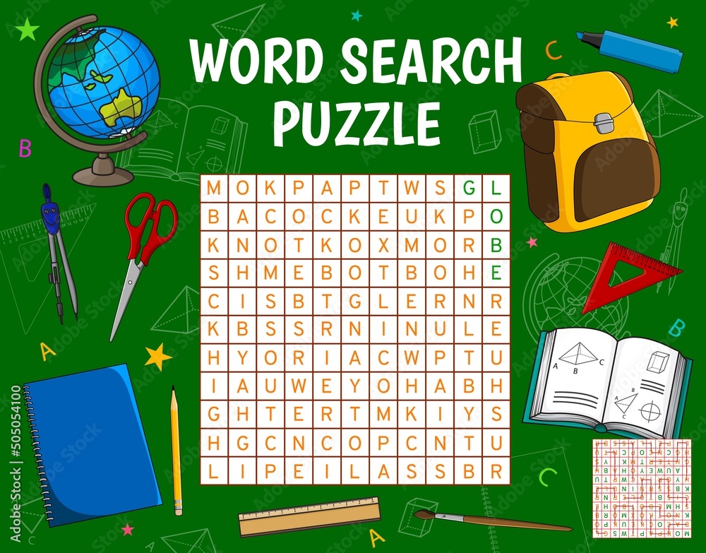 School items and stationery word search puzzle game vector worksheet ...