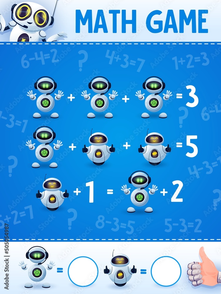 Cartoon robots and droids on math game worksheet. Education maze, kids ...