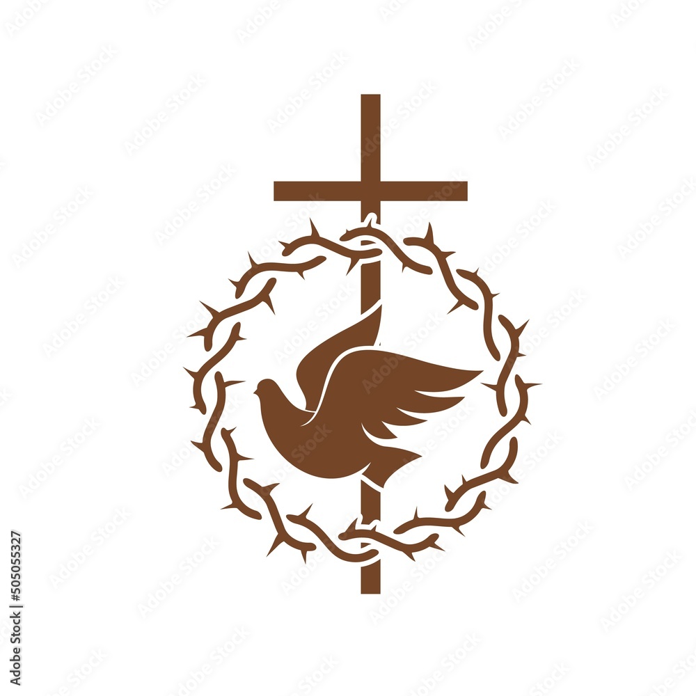 Christianity religion icon of cross, wreath and dove, vector symbol of ...