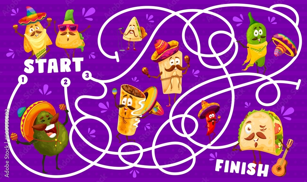 Cartoon mexican food characters labyrinth maze riddle. Cartoon vector ...