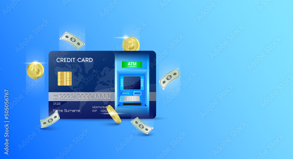 Credit card and coin. ATM Automated. Teller machine 24 hour. Money ...