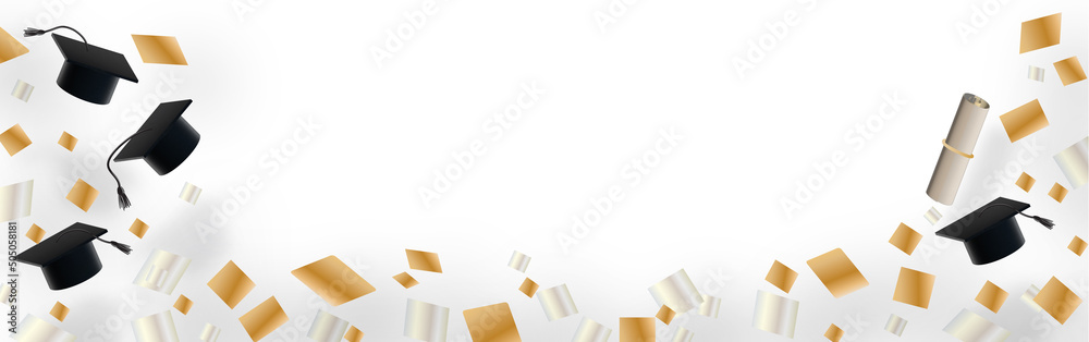 White background with graduation illustration of black graduation caps ...