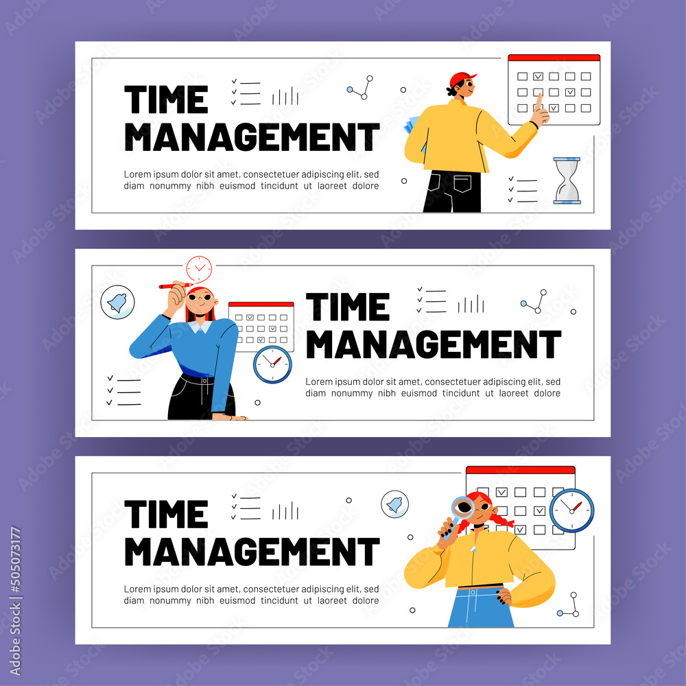 Time management posters with workers, clock and calendar. Vector ...