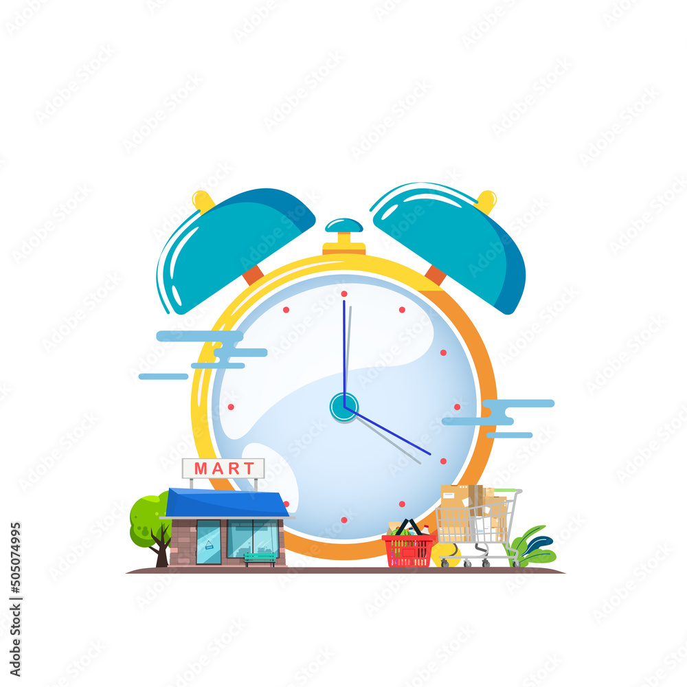 Concept of alarm clock its Time for a shopping with a market, basket ...