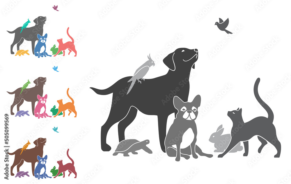 Vector illustration with a group of pets for your design. Black and ...