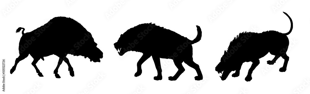 Prehistoric animals. Andrewsarchus, dinocrocuta and daeodon. Silhouette ...