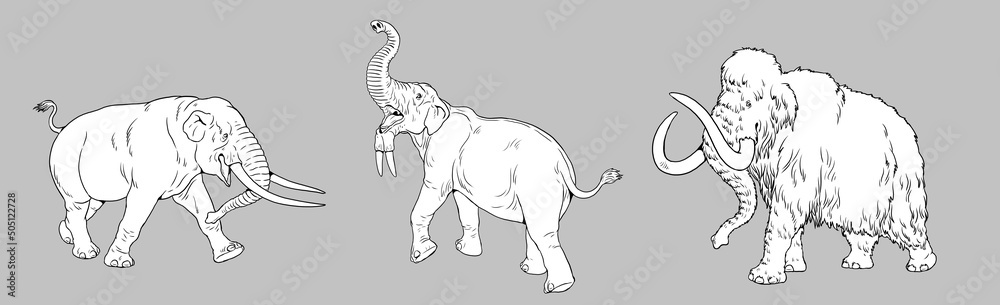 Prehistoric animals. Mammoth, mastodon and deinotherium. Coloring page ...