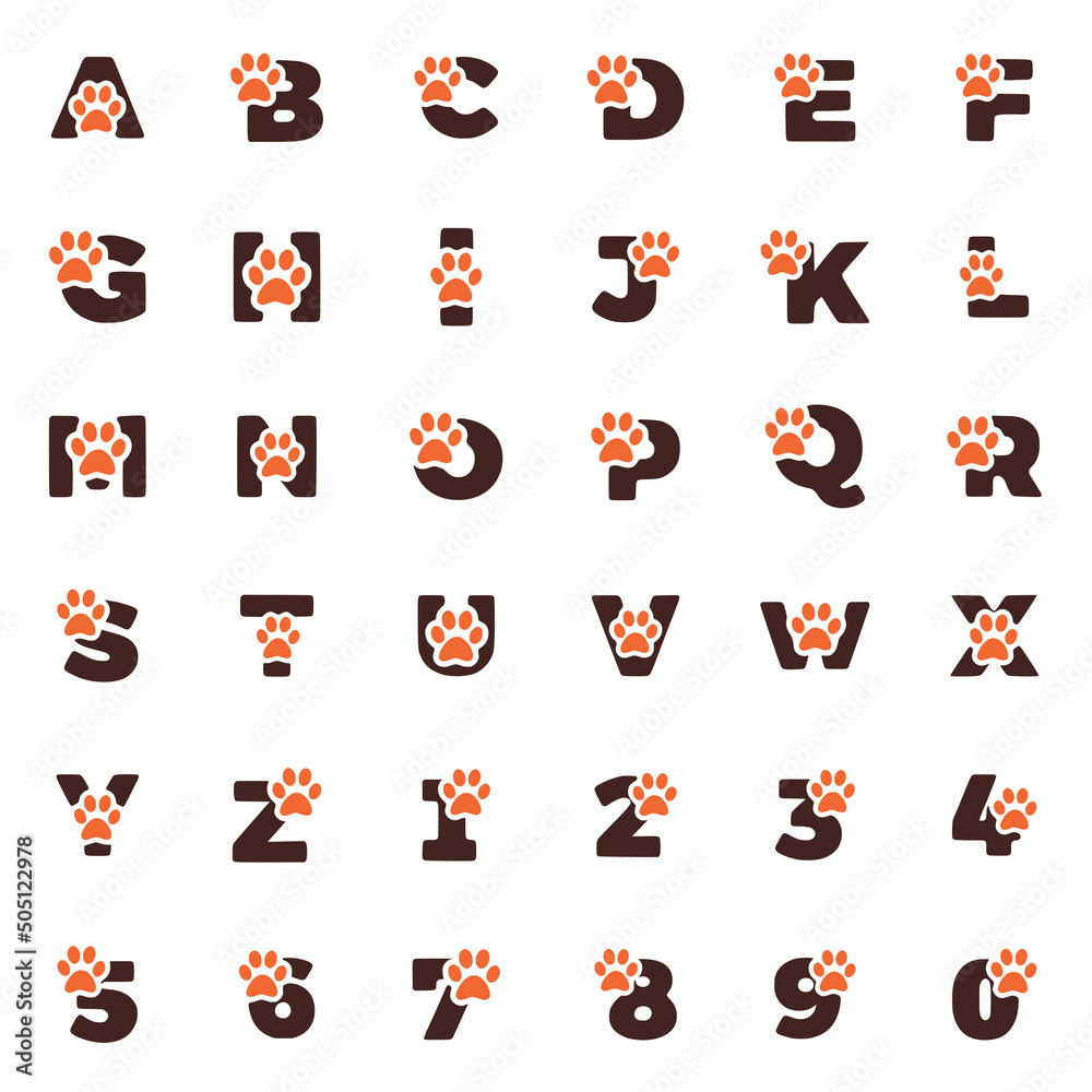 Set of creative letters and numbers with animal paw print symbol ...