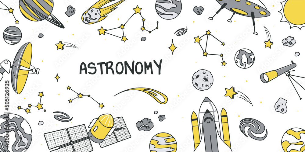 Astronomy concept for banner design with flat line doodle pattern. Hand ...