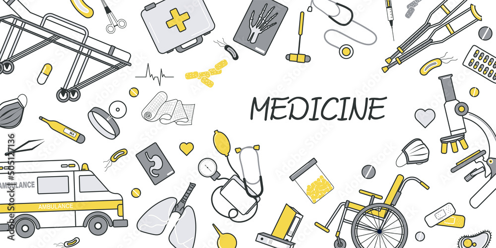 Medicine concept for banner design with flat line doodle pattern. Hand ...