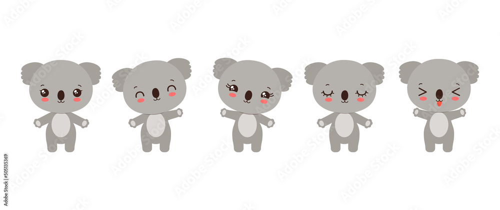 Cute kawaii koala bear emoji icons. Adorable little koala cartoon ...