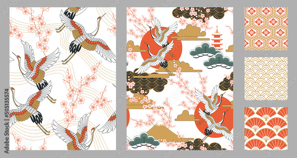 Japanese seamless patterns set with landscapes, oriental cherry flowers ...