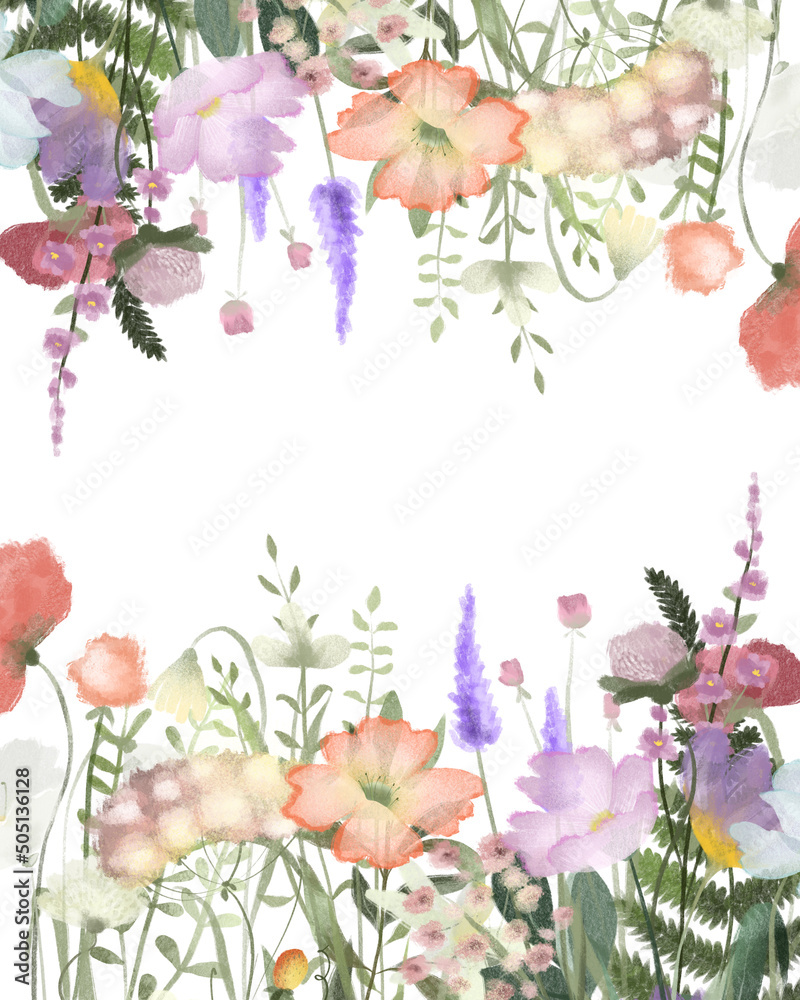 Floral border, card template of watercolor wildflowers and meadow ...