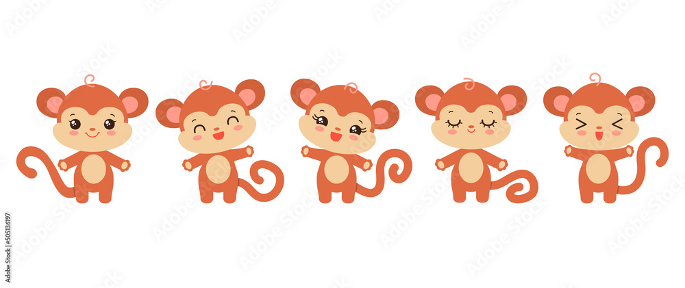Cute kawaii monkey emoji icons. Adorable little monkey cartoon ...
