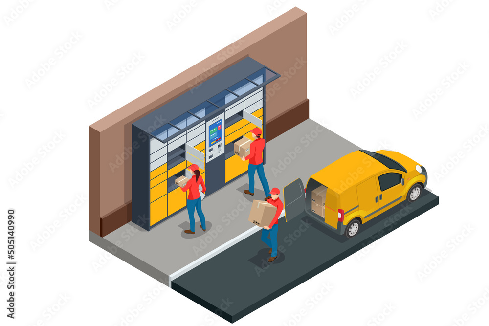 Isometric parcel locker. Postman and locker with digital panel for ...