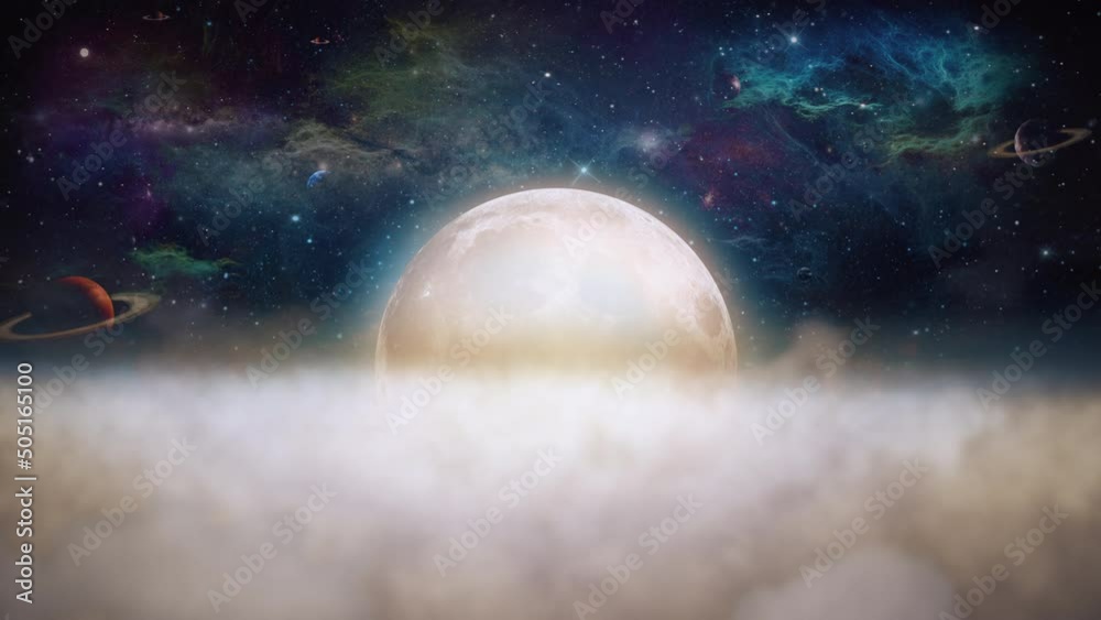 Moon Glow Above Clouds Deep Space Planets Motion Background. Moonrise ...