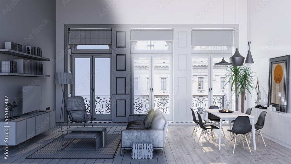 3D render of modern interior living room design with contrasting realistic rendering and ...