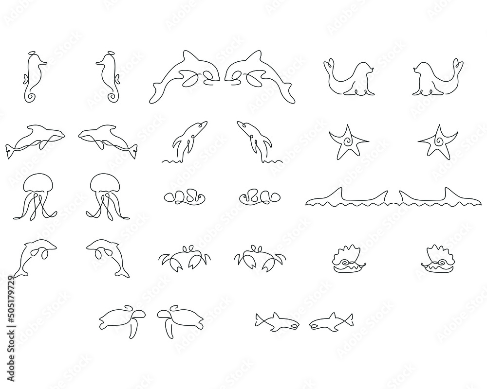 sea animals fish crab line art Stock Vector | Adobe Stock